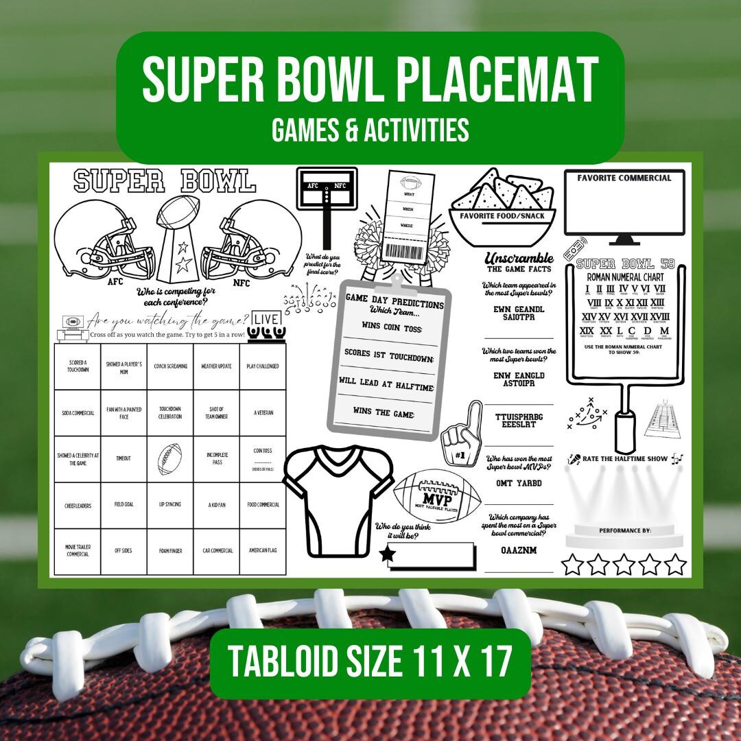 Super Bowl Activity Placemat: Engaging Football Fun for Kids and Adults ...
