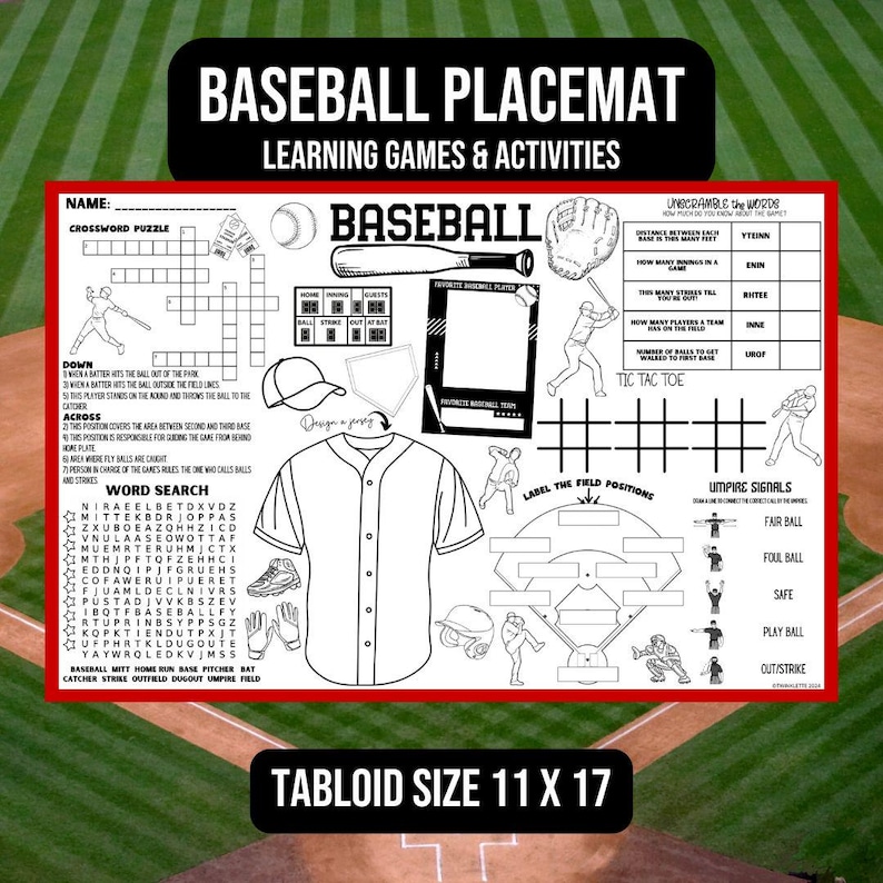 Baseball Activity Placemat: Coloring Page, Trivia, Games (digital ...
