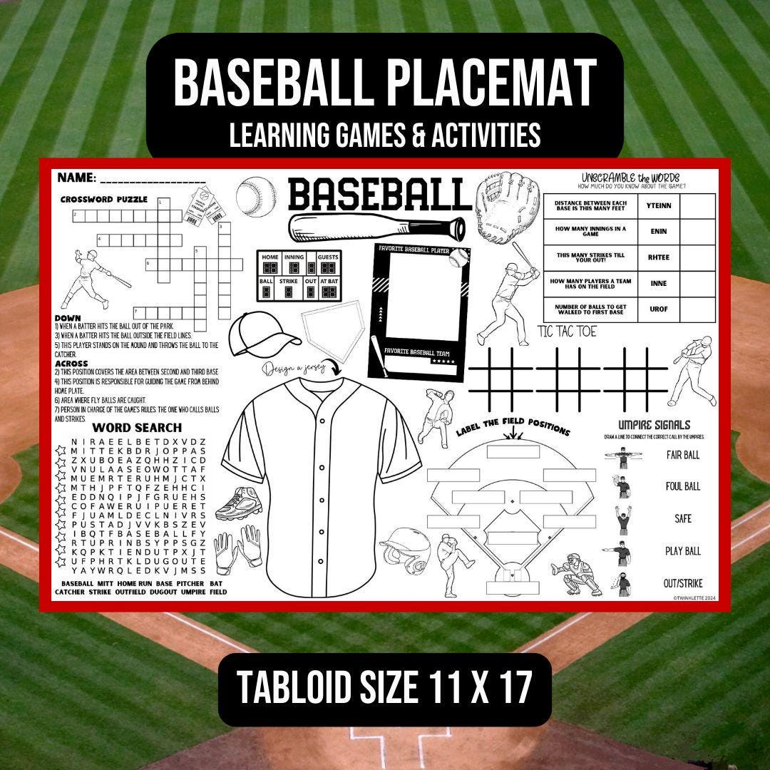 Baseball Coloring Activity Placemat Learn Baseball Birthday Party ...