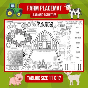 Farm Learning Activity Placemat, Barnyard Birthday Party Paper Placemat ...