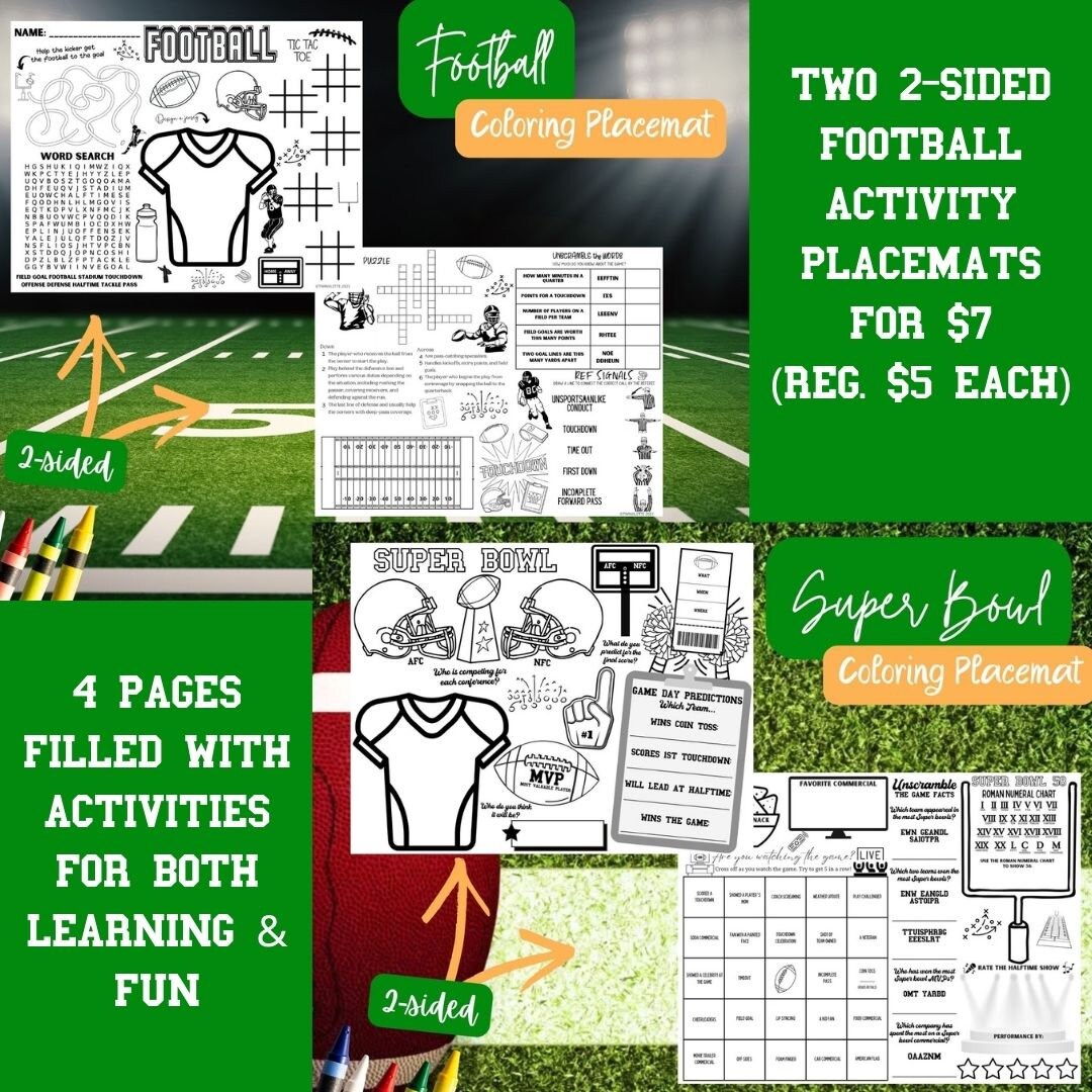Two Football and Super Bowl Activity Coloring Placemats Learning and ...