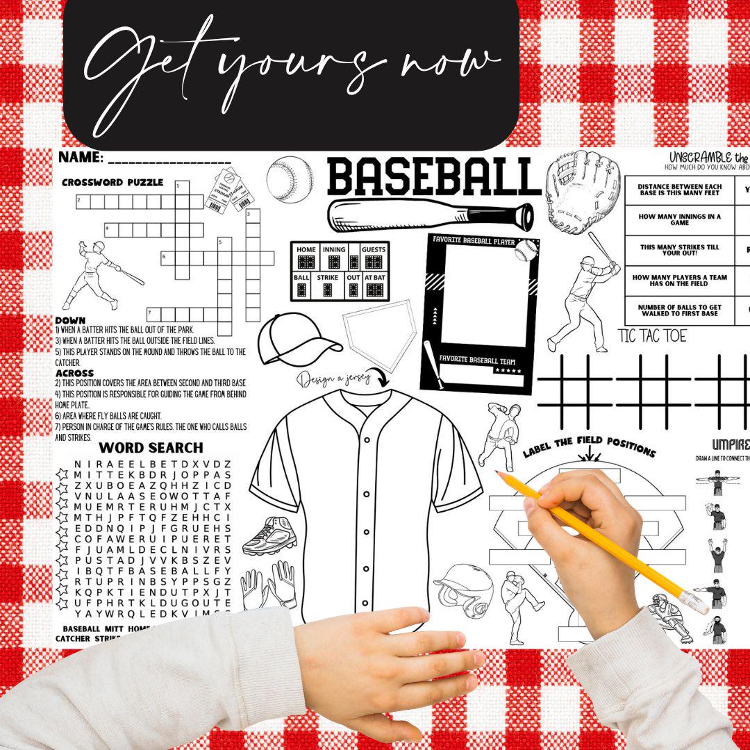 Baseball Coloring Activity Placemat Learn Baseball Birthday Party ...