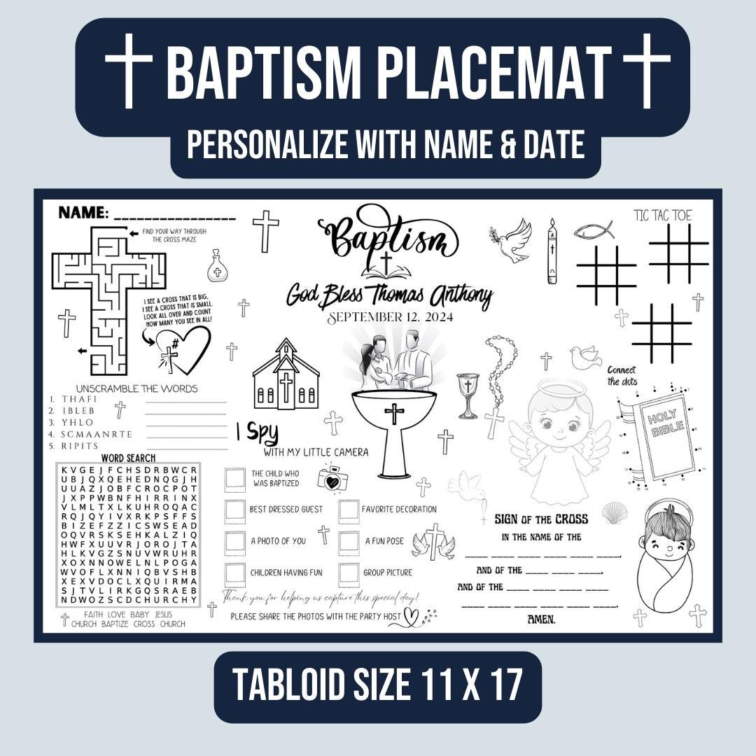 Baptism Coloring Placemat, Christening Games, Personalized Printable ...