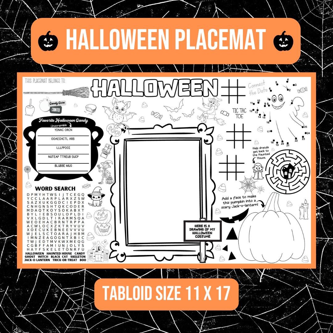 Halloween Activity Placemat: Printable Games, Coloring Page (digital ...