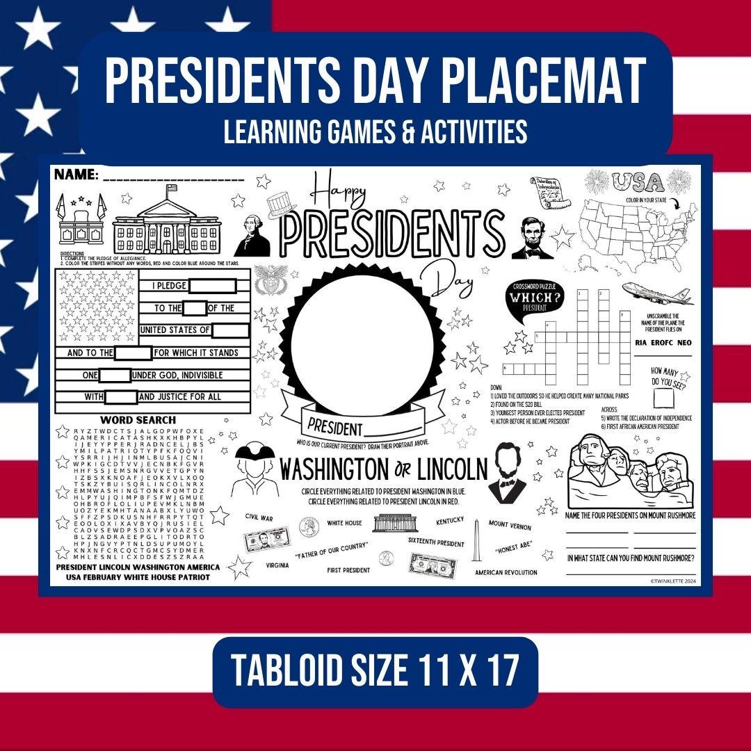 Presidents Day Placemat: Learning Games & Activities (digital Download ...