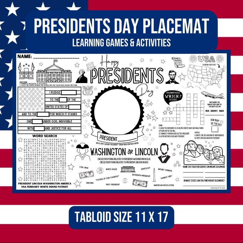 Presidents Day Placemat: Learning Games & Activities (digital Download ...
