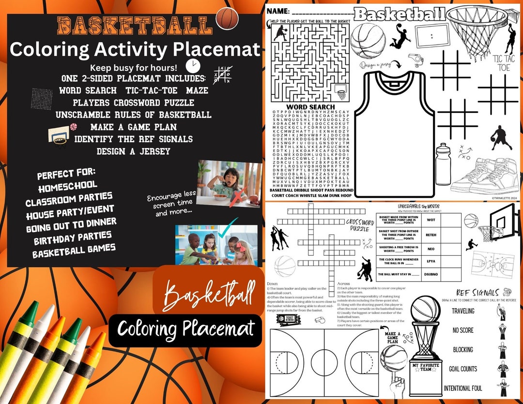 Basketball Coloring Activity Placemat - Fun and Learning Sport Digital ...