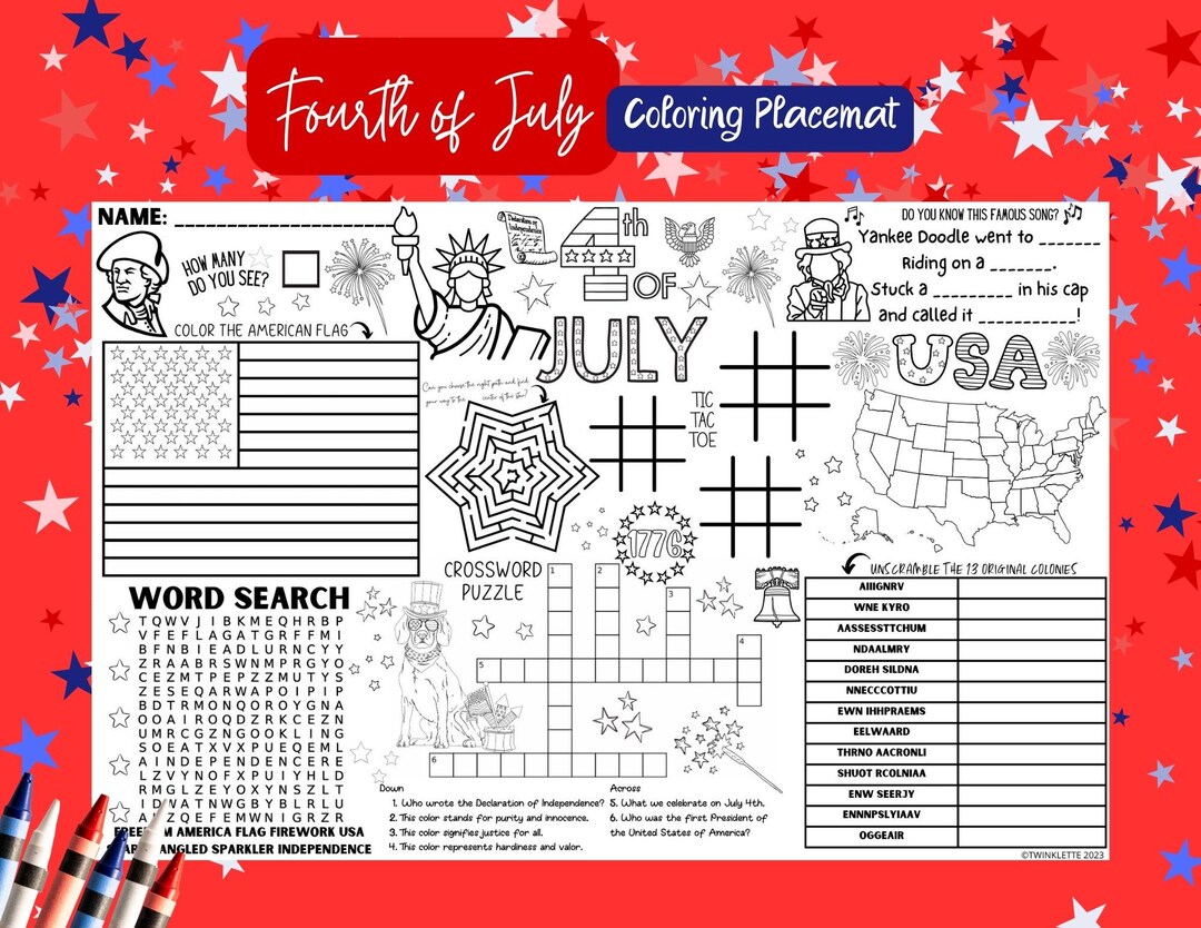 Fourth of July Activity Placemat: Independence Day Coloring (digital ...