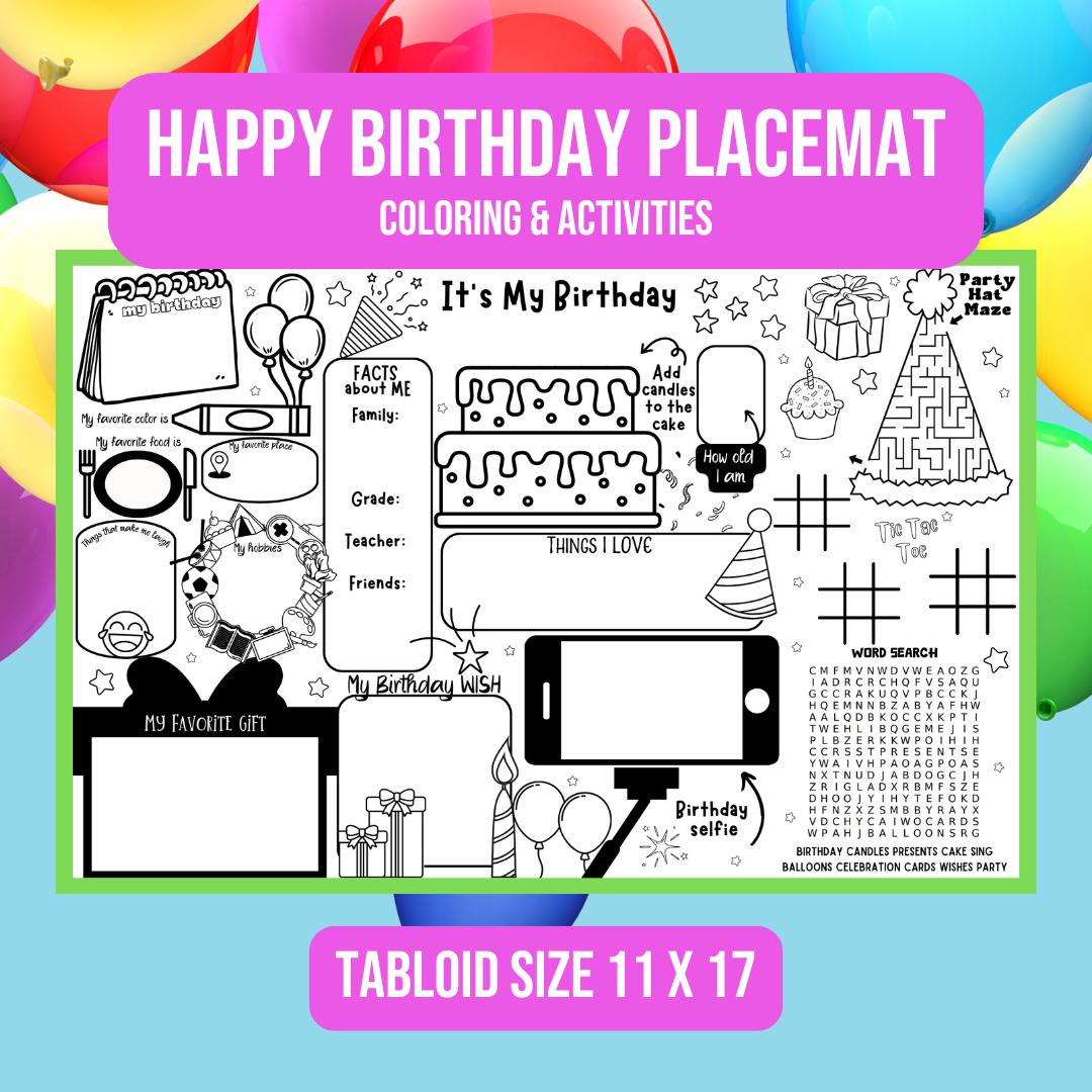 Happy Birthday Placemat, Coloring Activity Sheets, Birthday Breakfast ...