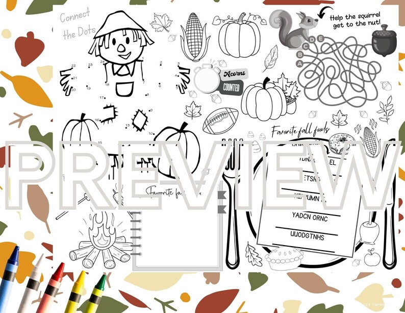 Fall Kid Menu Activity Placemat, Autumn Coloring, Birthday Party ...