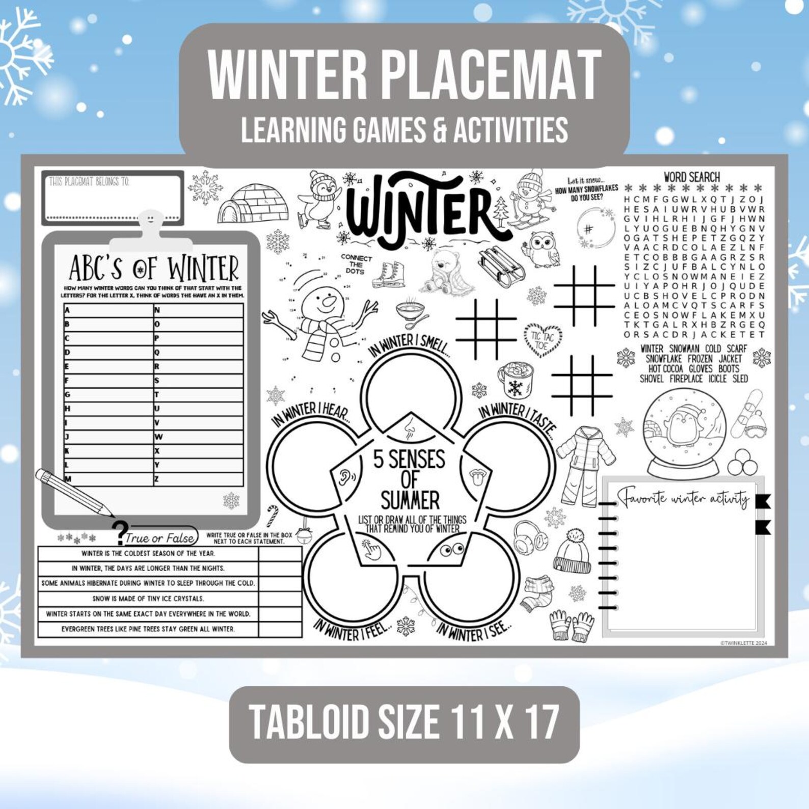Winter Activity Placemat, Learning Games & Coloring (digital Download ...