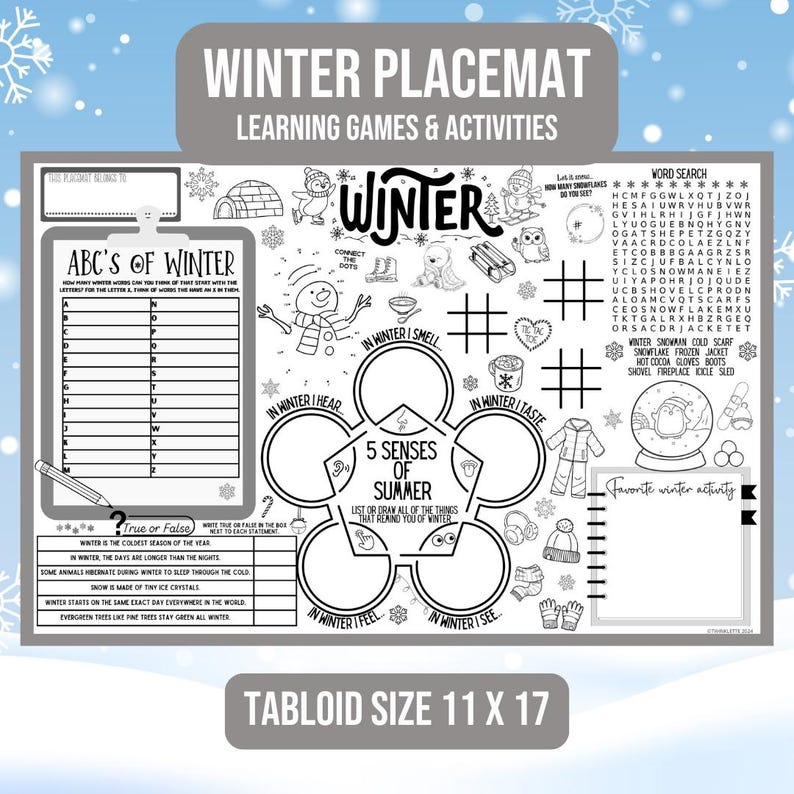 Winter Activity Placemat, Learning Games & Coloring (digital Download ...
