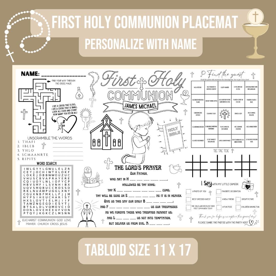 Communion Placemat, First Holy Communion Games, Personalized Printable ...