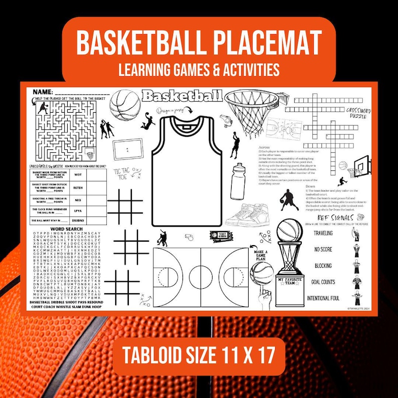 Basketball Coloring Activity Placemat, Fun and Learning Sport Digital ...