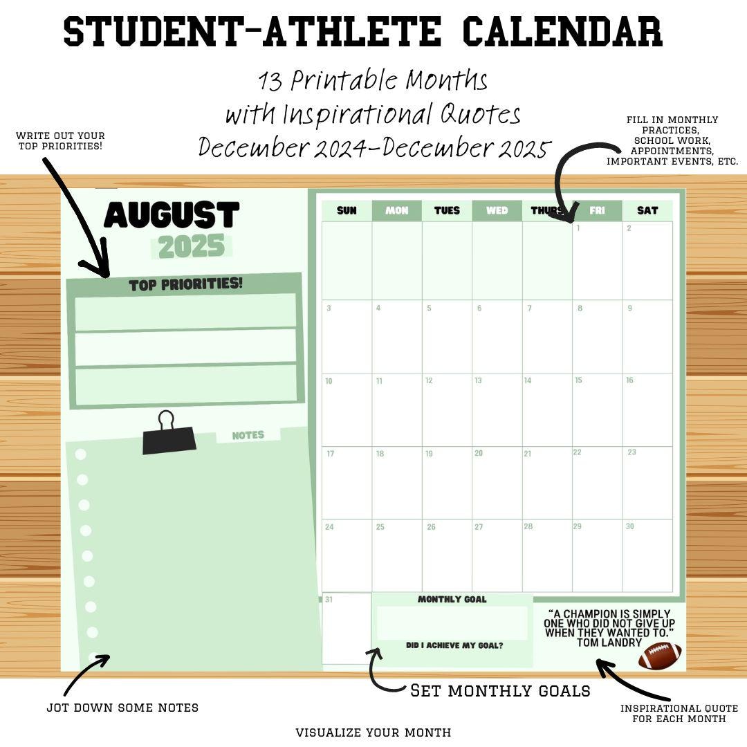 2025 Student Athlete Calendar: Printable Monthly Planner (digital ...