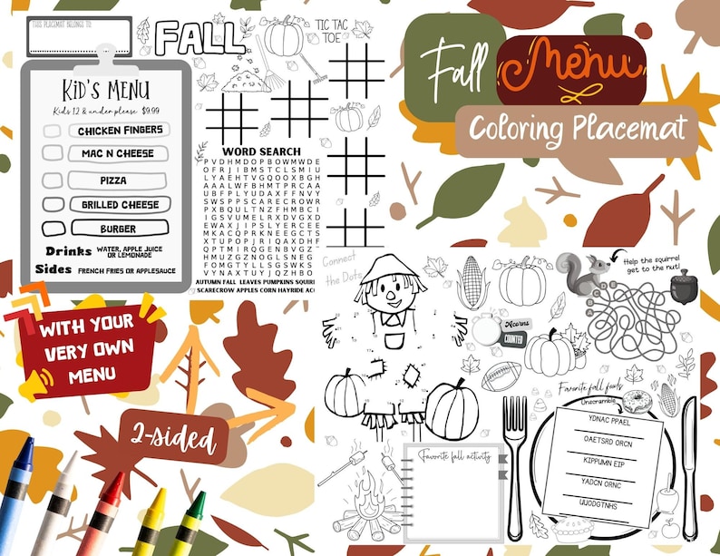 Fall Kid Menu Activity Placemat, Autumn Coloring, Birthday Party ...