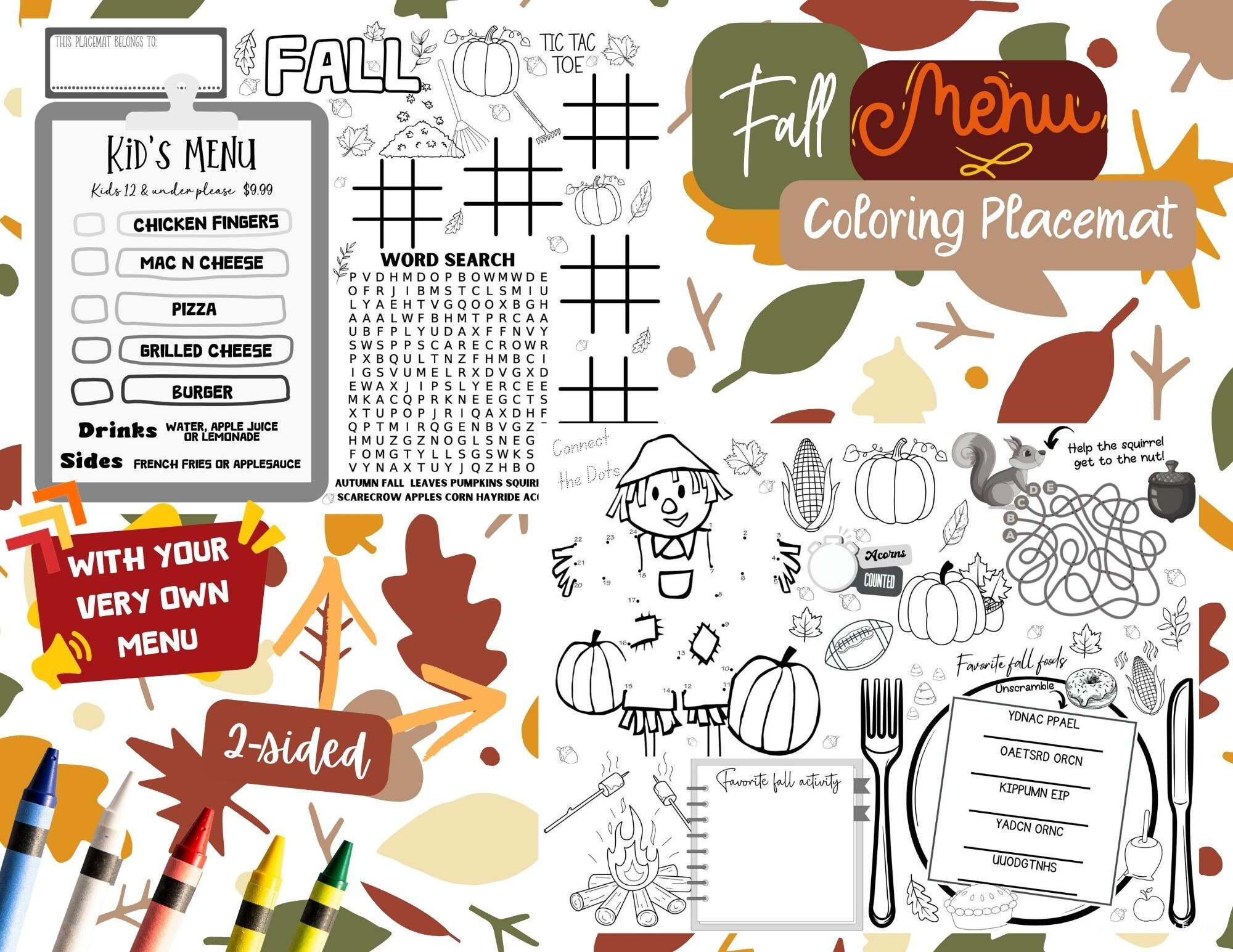 Fall Kid Menu Activity Placemat, Autumn Coloring, Birthday Party ...