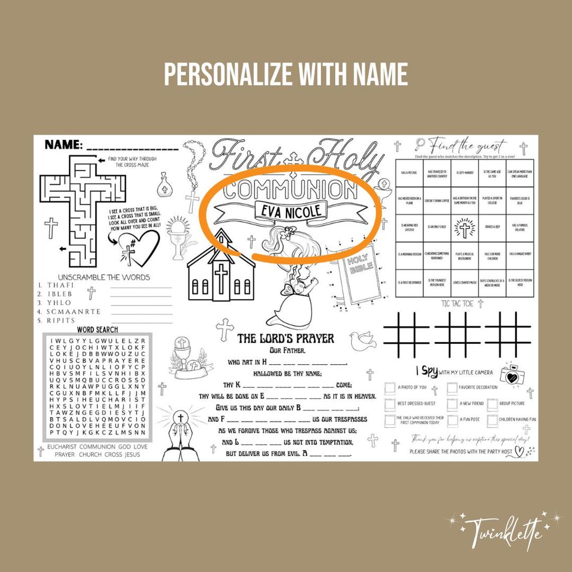 Communion Placemat, First Holy Communion Games, Personalized Printable ...