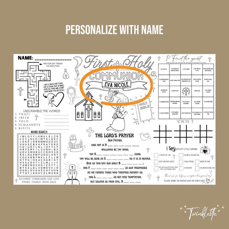 Communion Placemat, First Holy Communion Games, Personalized Printable ...