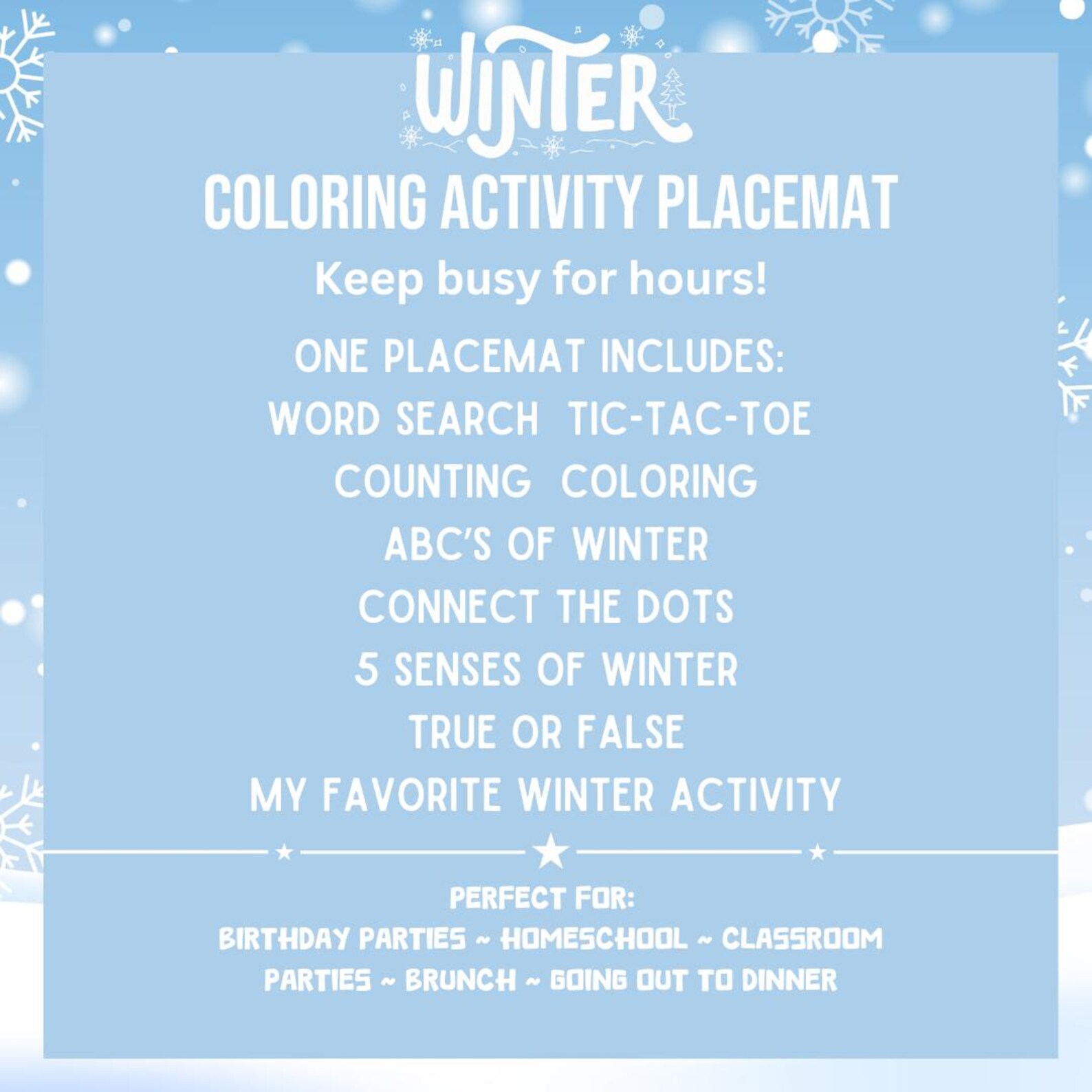 Winter Activity Placemat, Learning Games & Coloring (digital Download ...