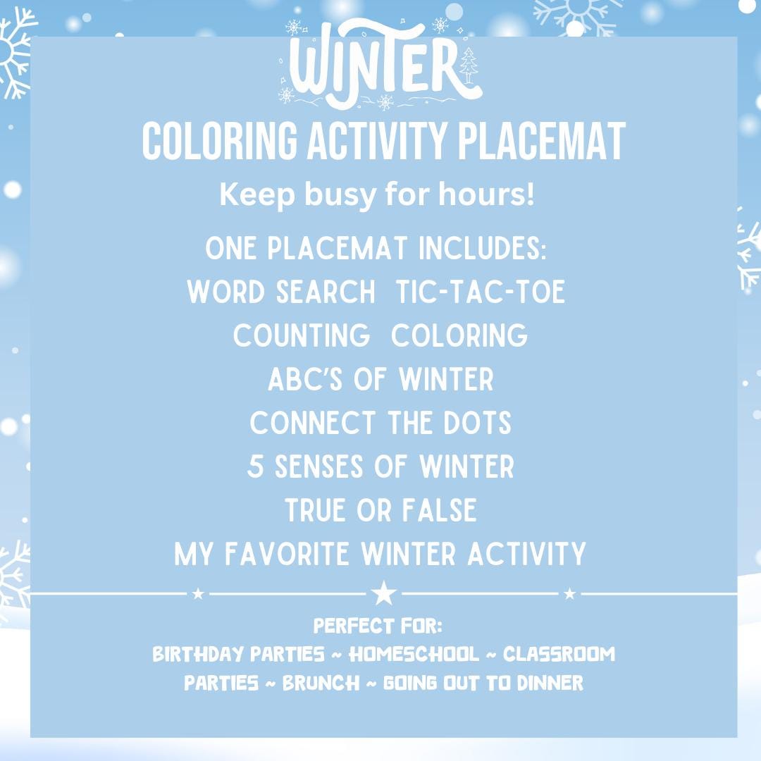 Winter Activity Placemat, Learning Games & Coloring (digital Download ...