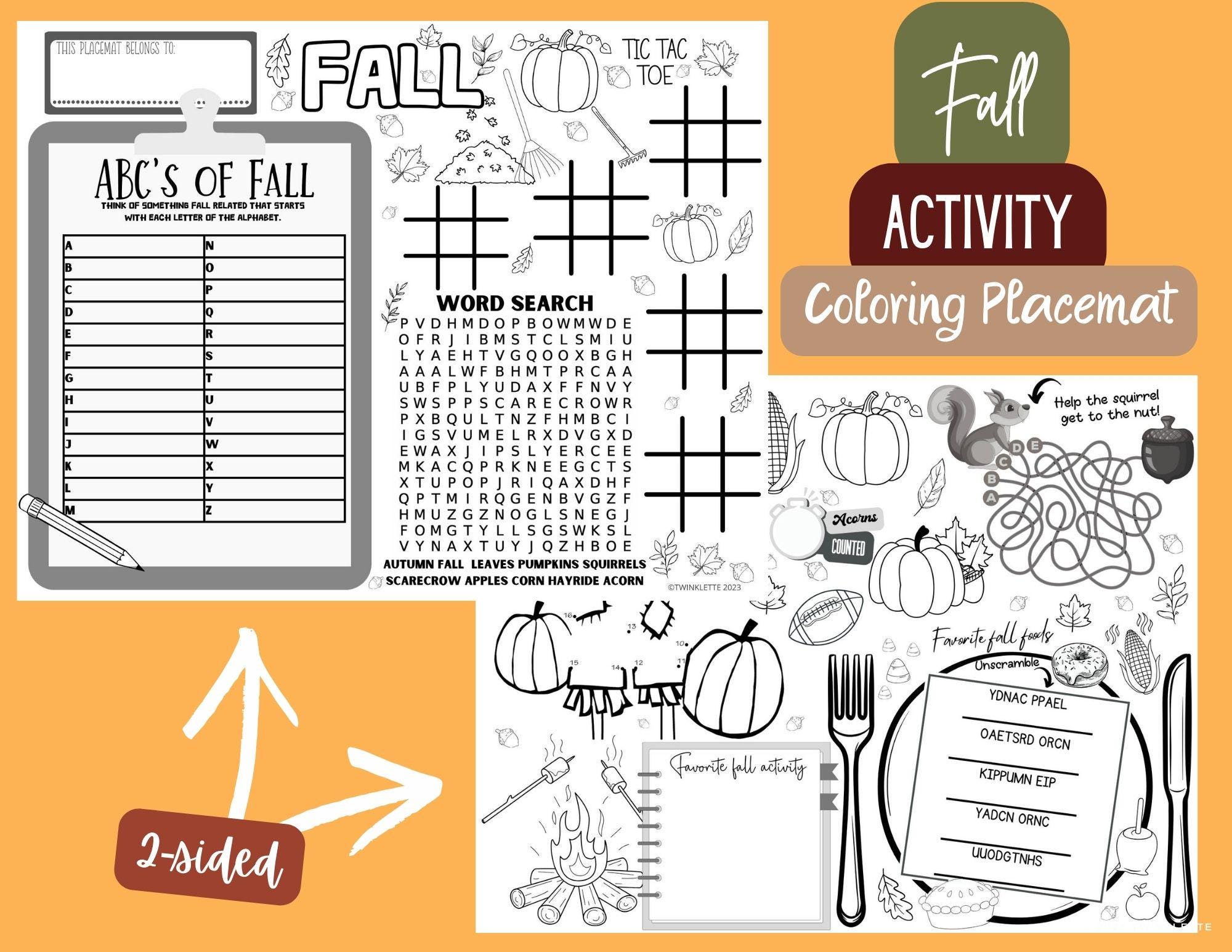 Fall Activity Coloring Placemat, Abc's of Fall, Autumn Learning - Etsy