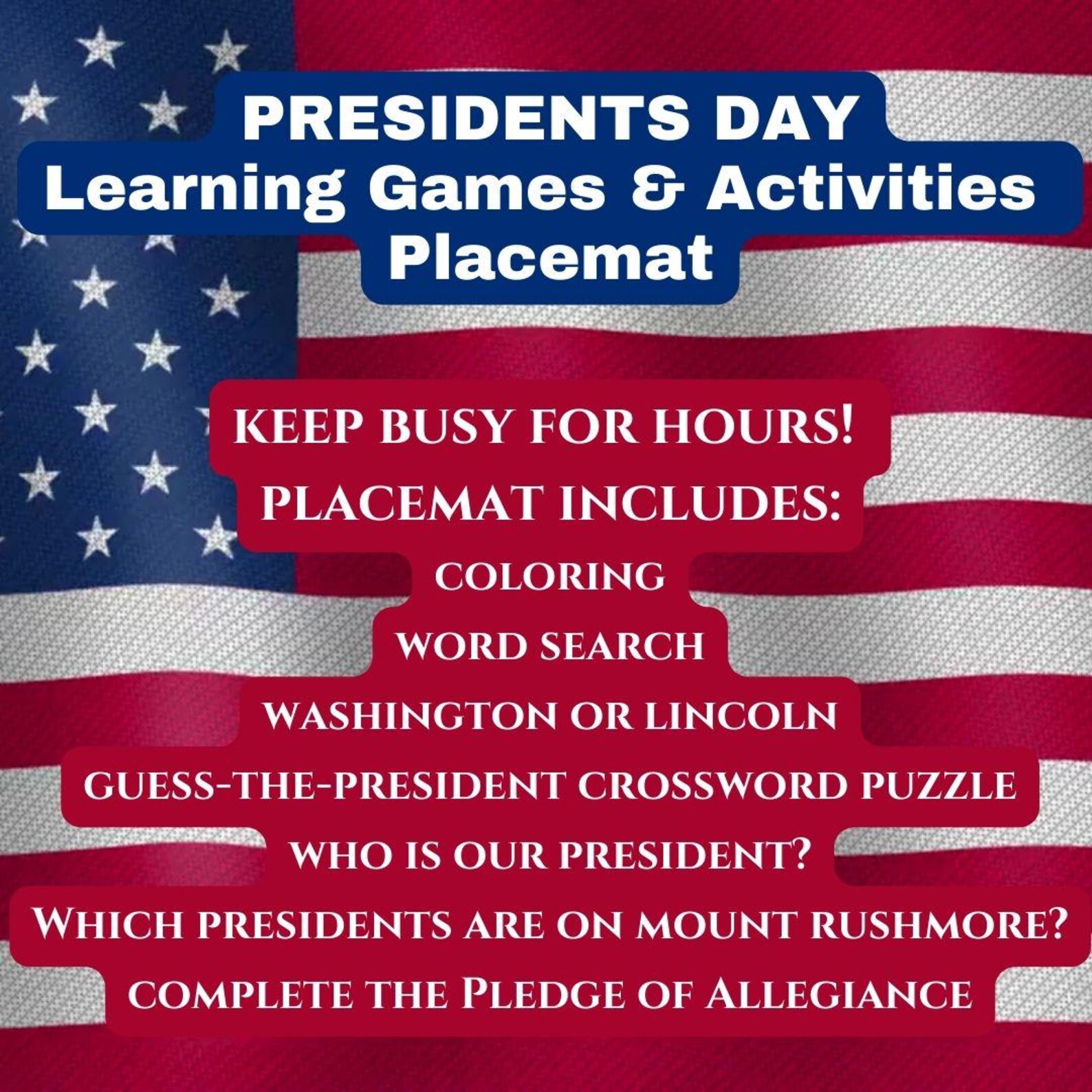 Presidents Day Placemat: Learning Games & Activities (digital Download ...