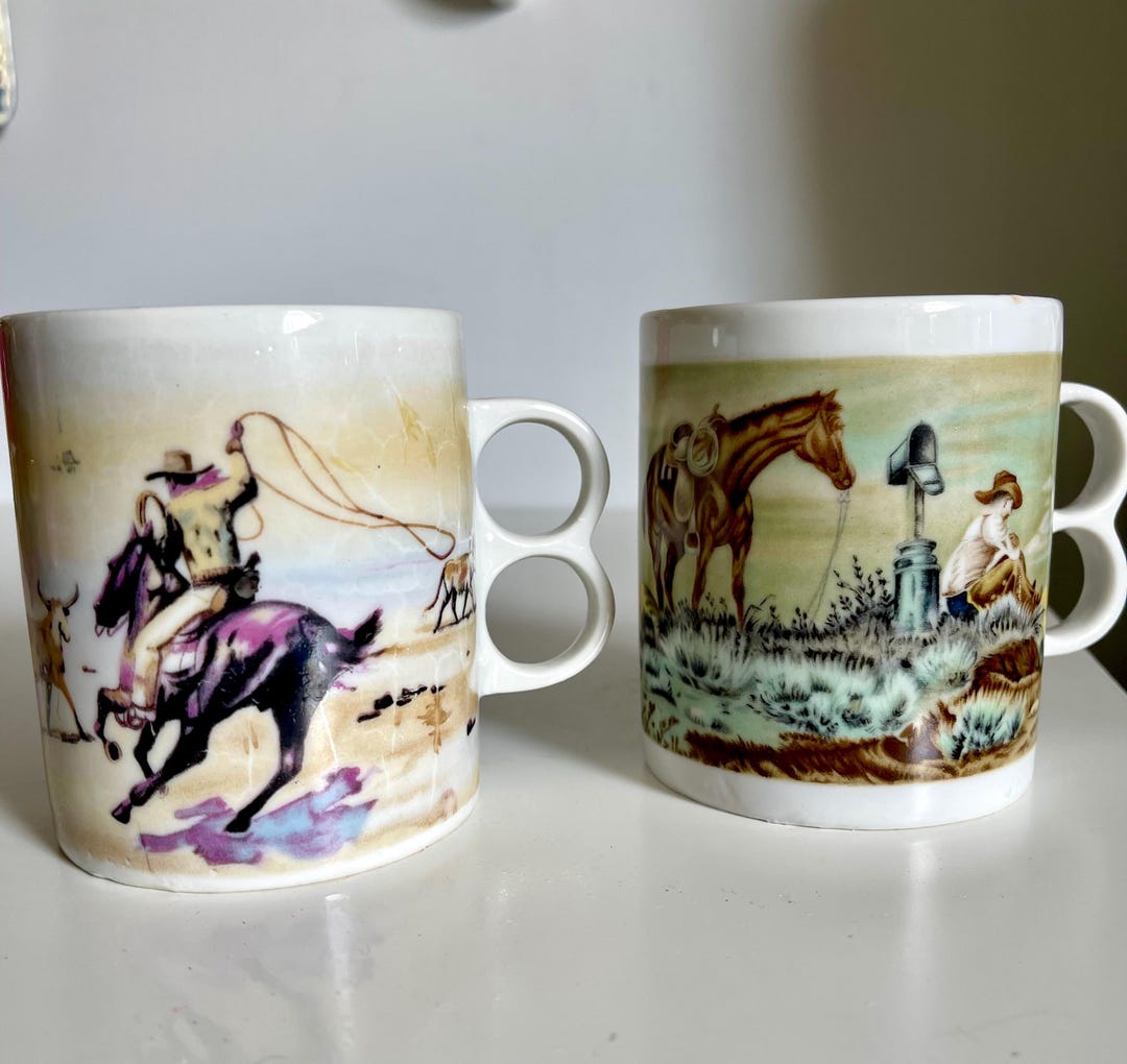 Two Vintage Western Cowboy Scene Coffee Mugs Double Finger Handles ...