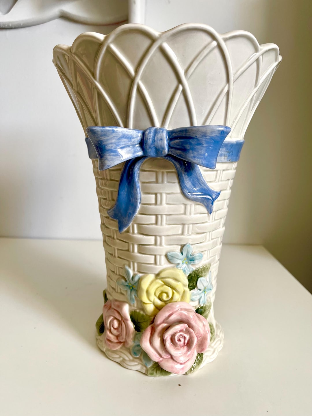 Rare Vintage Fitz & Floyd Spring Bow Floral Basket Weave Vase 10" Tall ...