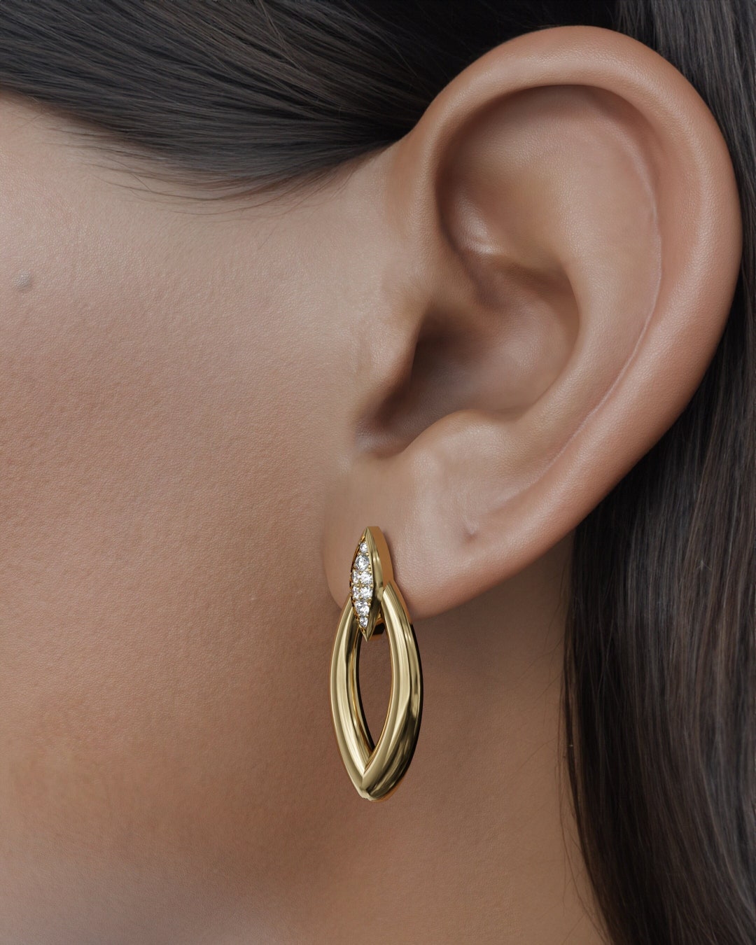 14k Gold Tube Earring in Diamond 18k Gold Dainty Earring in Diamond ...