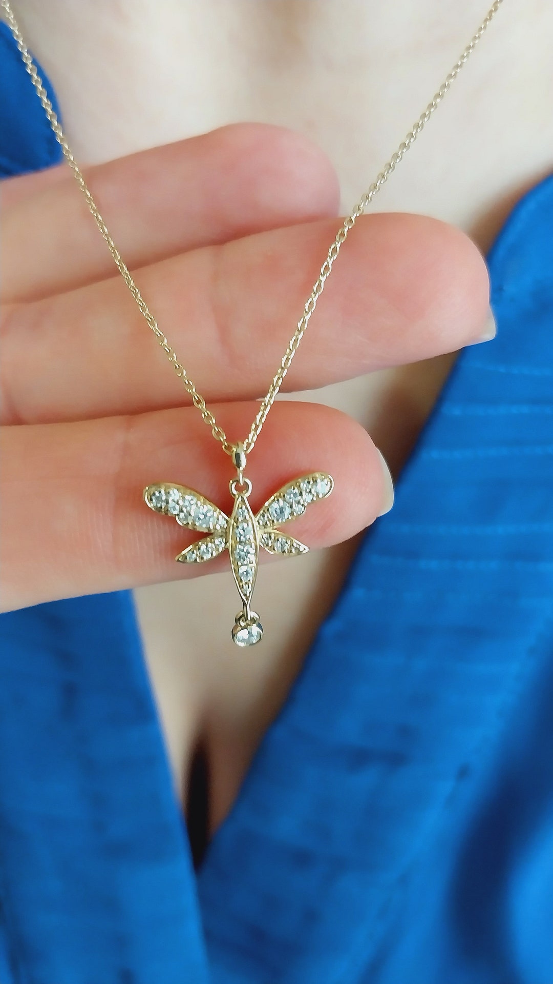 18K Gold Dragonfly Necklace in Diamond | 14K Gold Women's Necklace in ...