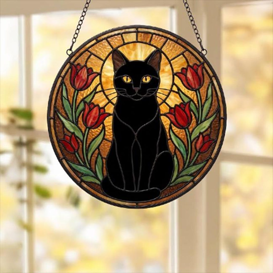 Custom Black Bengal Cat Stained Glass Suncatcher With Red Flowers ...