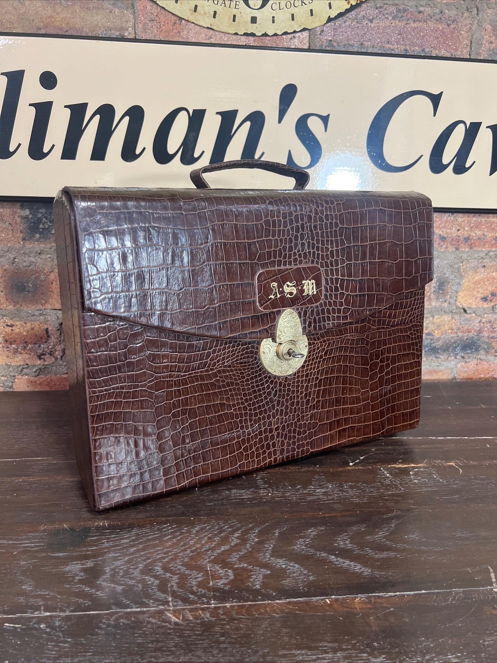 Antique Crocodile Leather Style Writing Bag,case,box With Bramah Knock ...