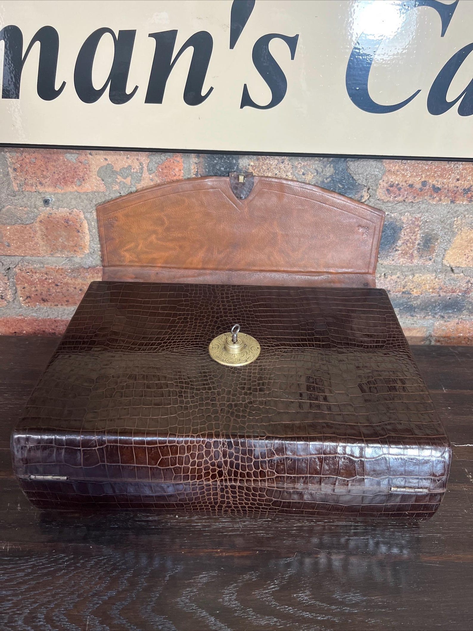 Antique Crocodile Leather Style Writing Bag,case,box With Bramah Knock ...
