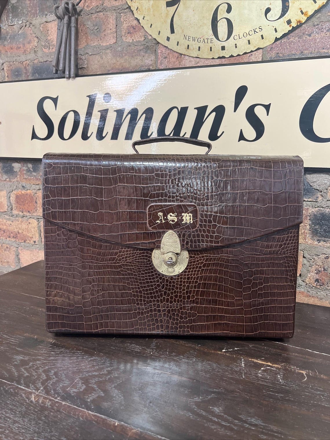 Antique Crocodile Leather Style Writing Bag,case,box With Bramah Knock ...