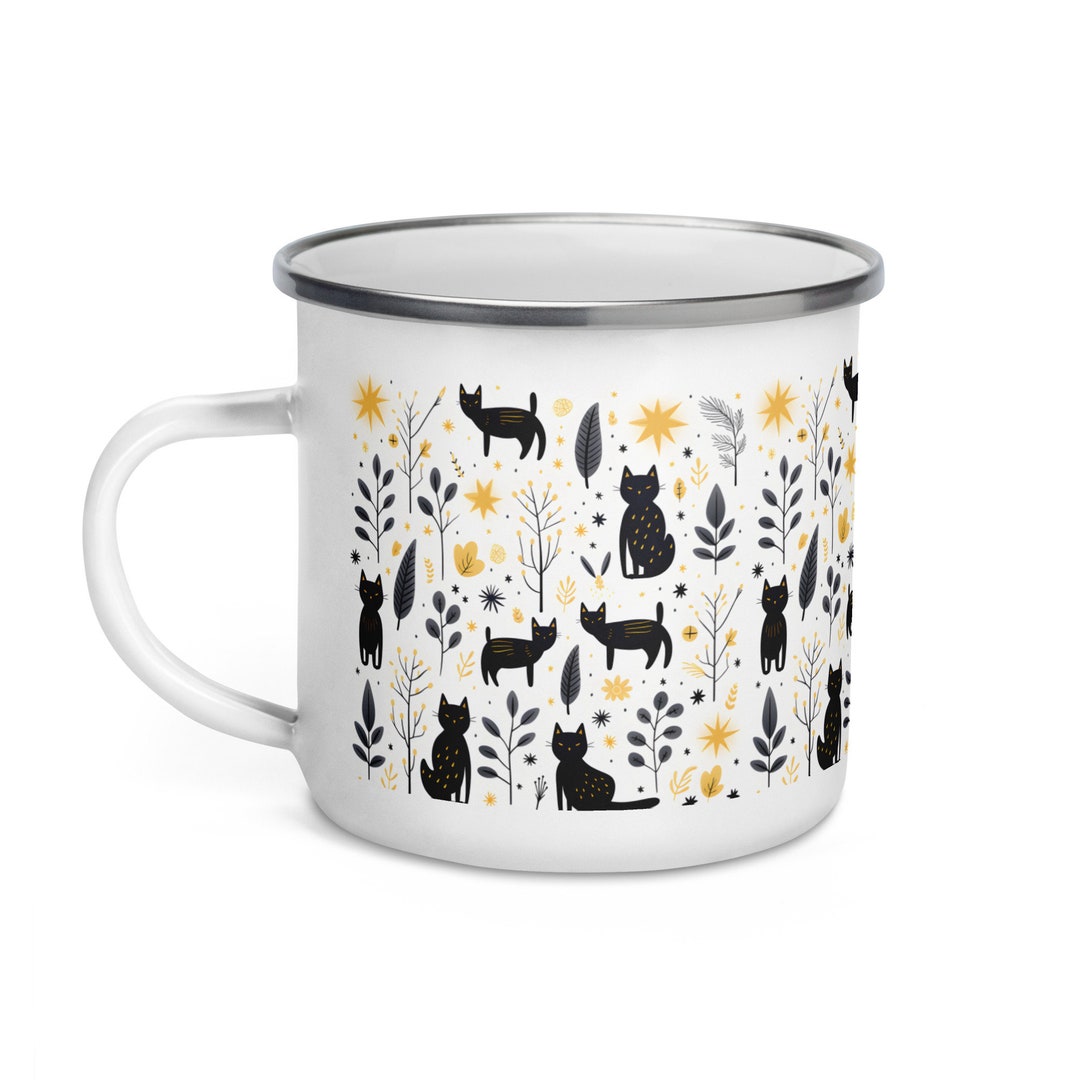 Black Cat Enamel Mug Cute Black Cat Enamel Mug Outdoors Camping Mug Tea ...