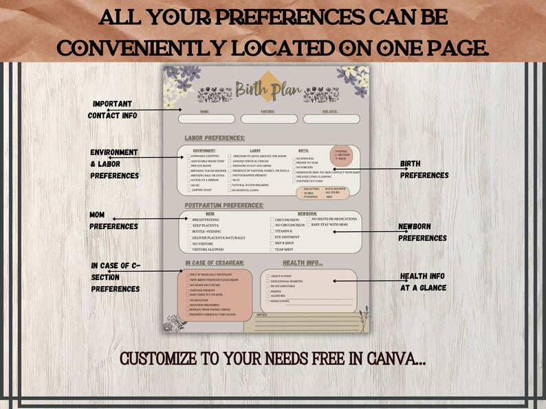 Birth Plan Template, Pregnancy Planner, Labor and Delivery, Natural ...