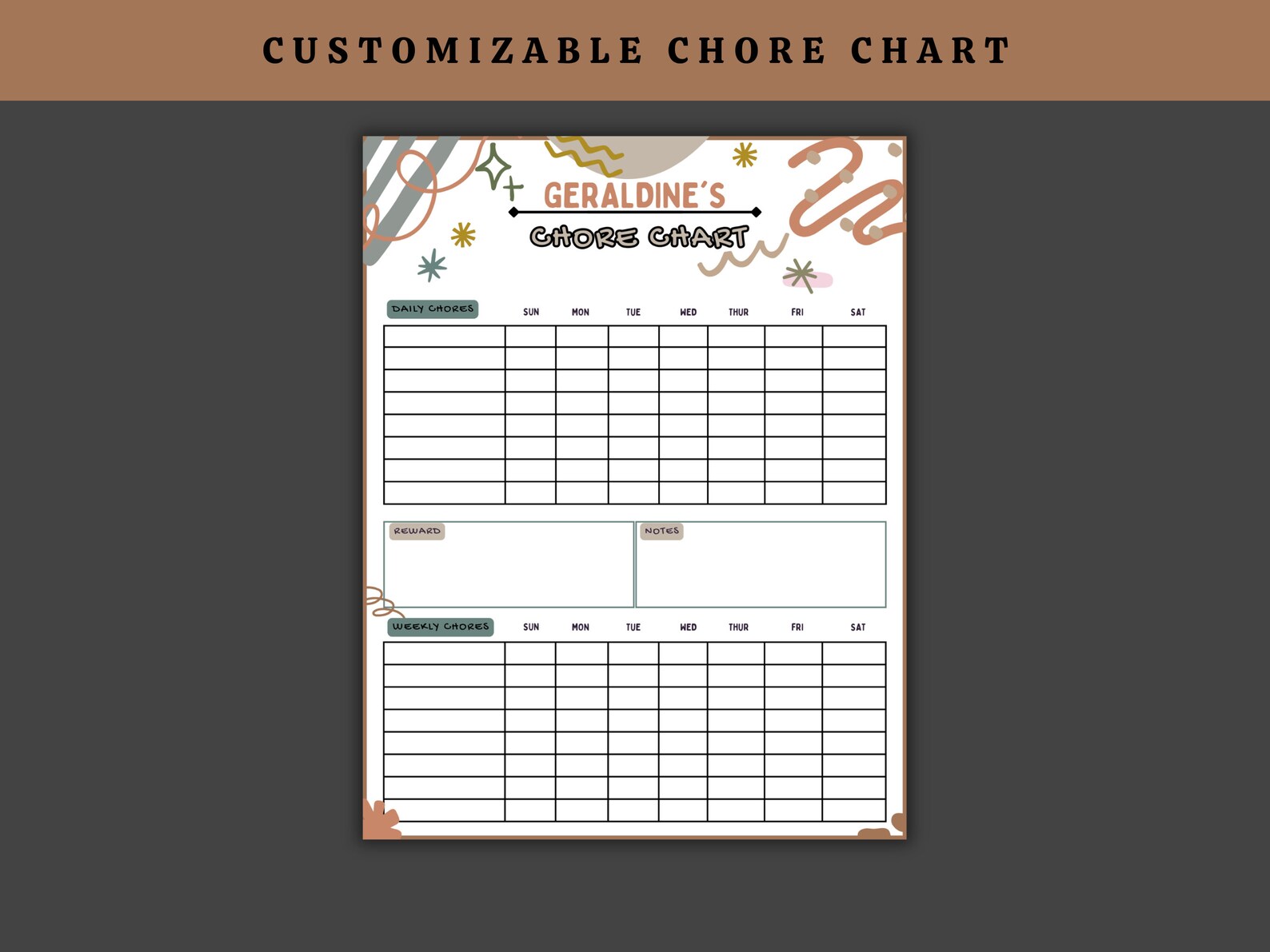 Customizable Chore Chart, Chore Chart Template, Kids Chore Chart ...