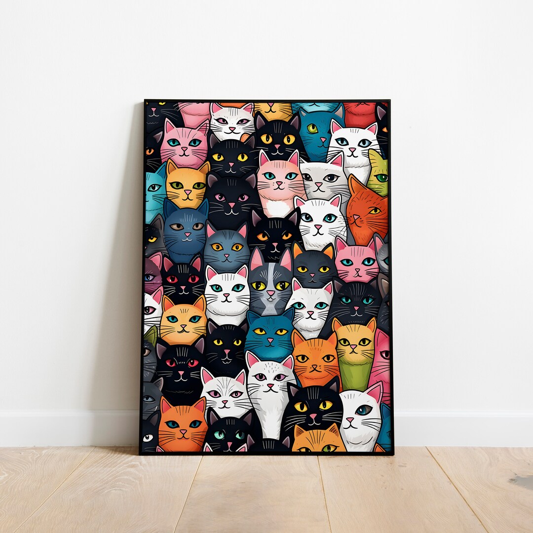 Cat Pattern Poster, Colorful Illustration, Playful Nursery Wall Art ...