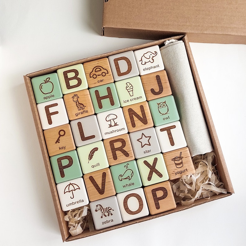 Alphabet Blocks Set Wooden Letter Blocks Birthday Gift for Toddlers and ...