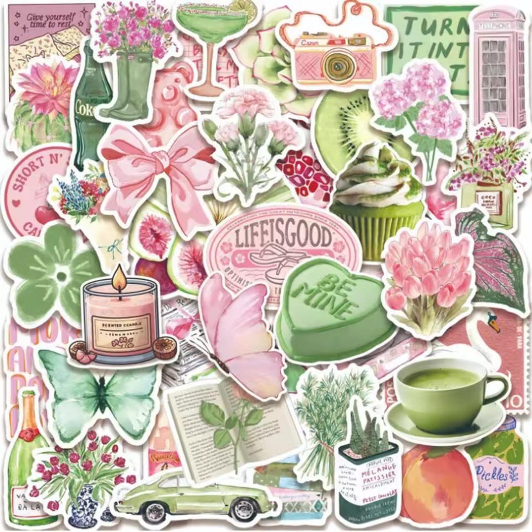 Cottagecore Stickers: 50 Pink & Green Vintage Decals - Scrapbooking ...