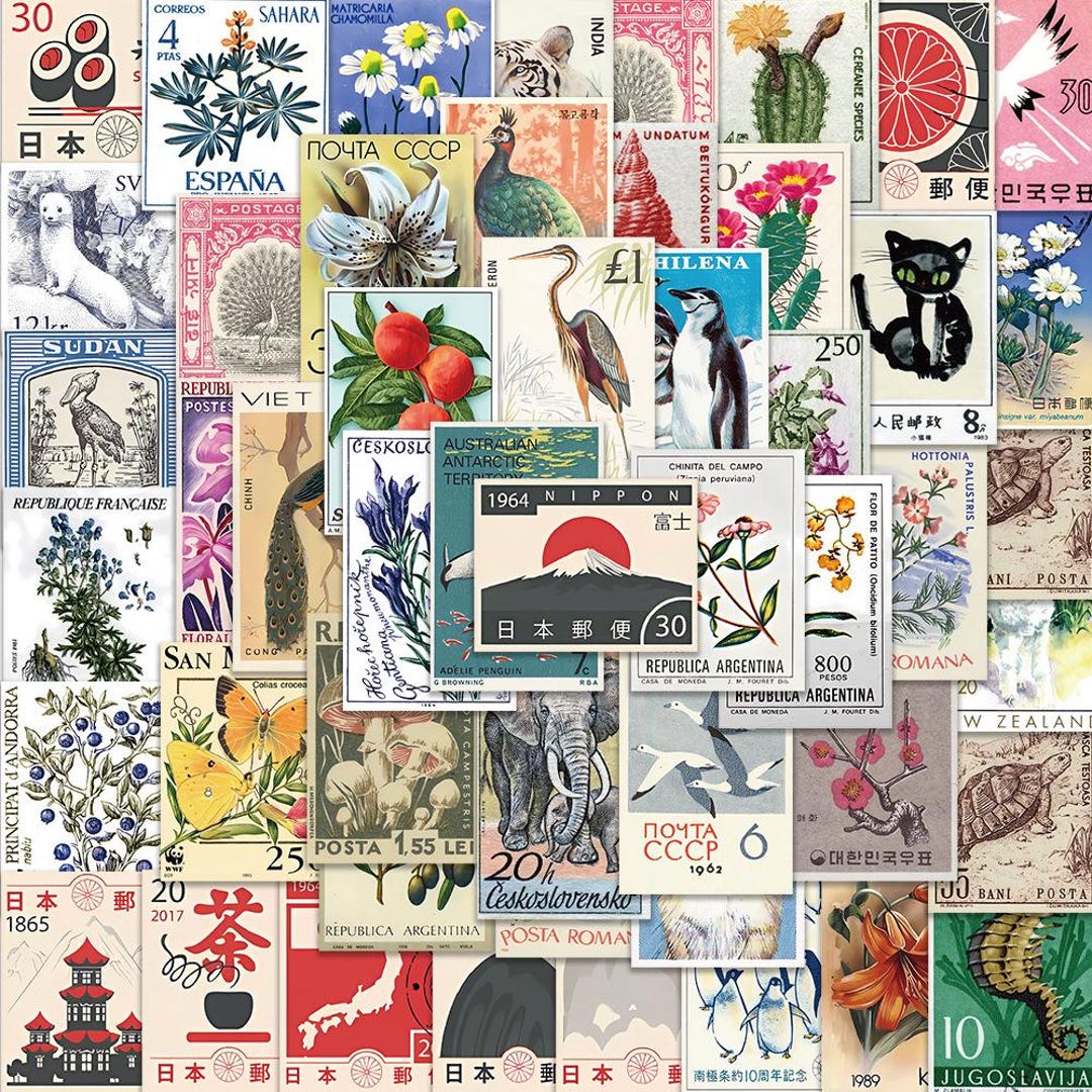 Retro Stamp Art Stickers: Vintage Cartoon Decals - 50PCS Waterproof Set ...