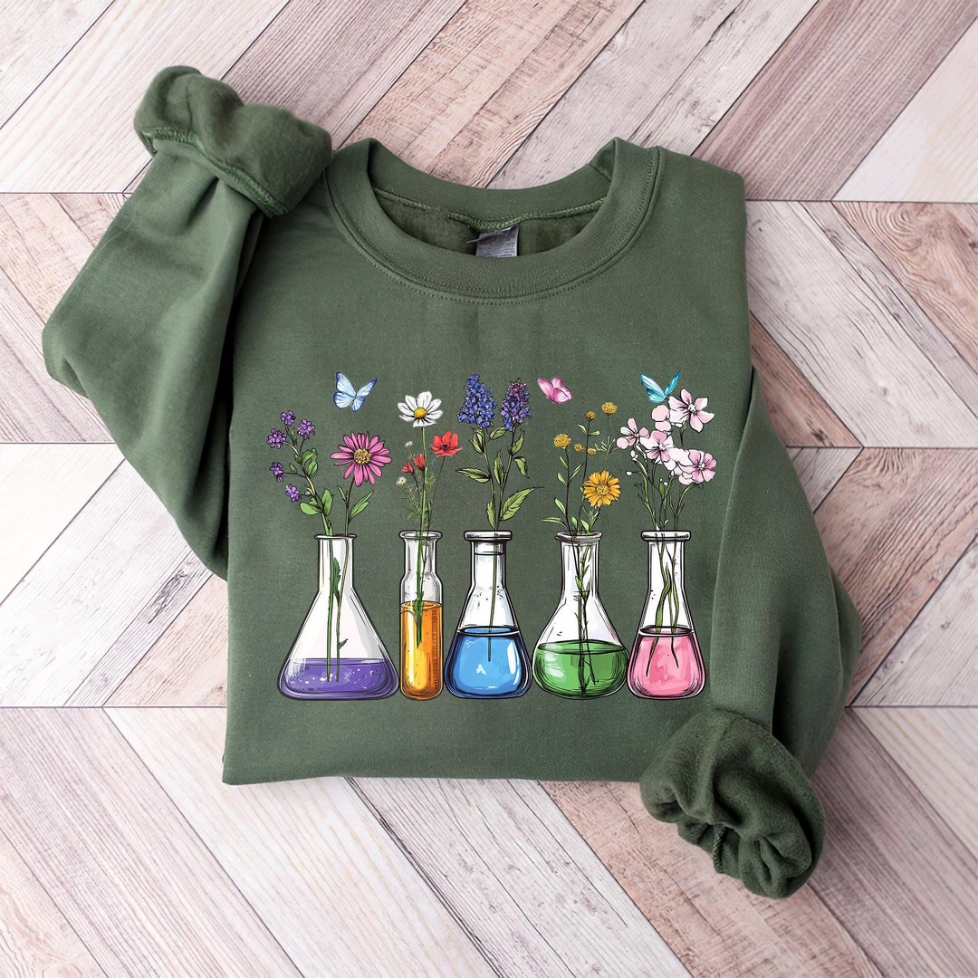 Floral Chemistry Lab Sweatshirt, Sleek Botanical Beaker T-shirt ...