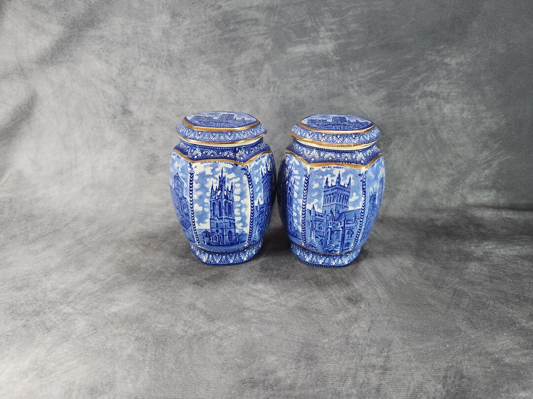 Pair of Ringtons Landmarks Small Tea Caddies, Vintage English Blue ...