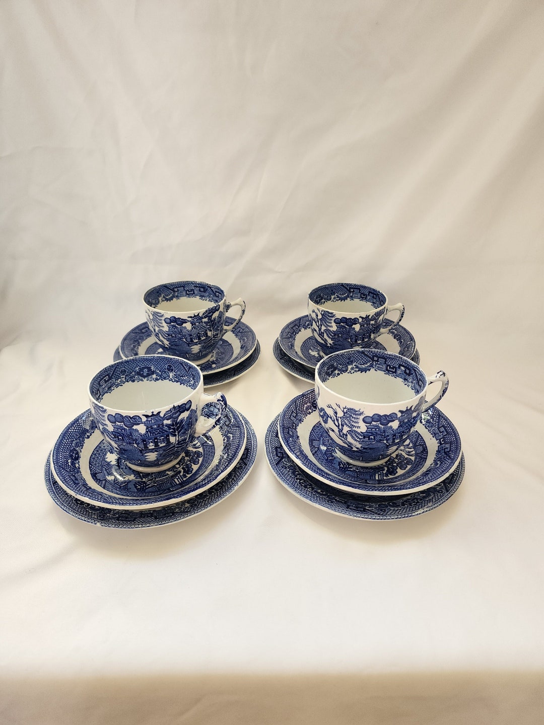 Antique Maling Pottery Blue & White Willow Pattern 4 X Trios C.1920 ...