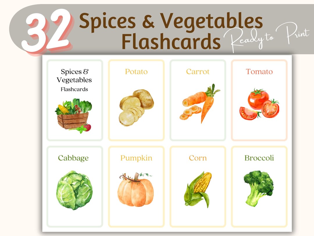 Printable Spices & Vegetables Flashcards Watercolor - Etsy