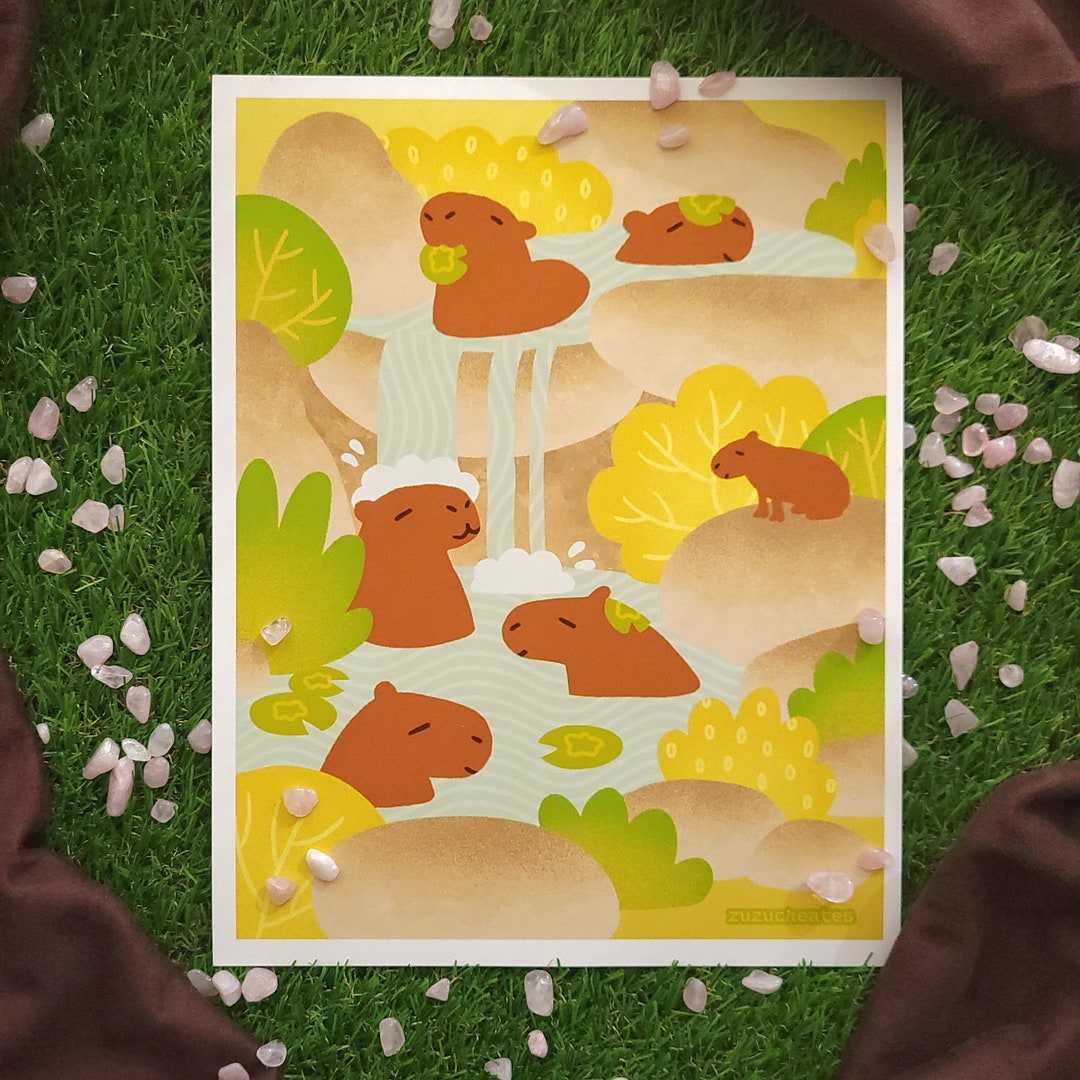 Capybara Haven Art Print, Letter Sized, Relaxing Wildlife Hot Springs ...