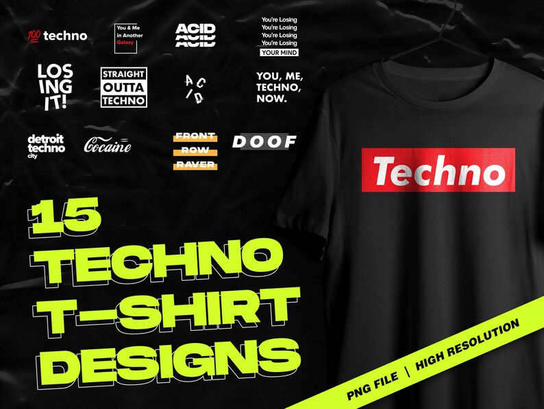 15 Techno T-shirt Designs PNG Bundle Rave Party, Electronic Music, EDM ...