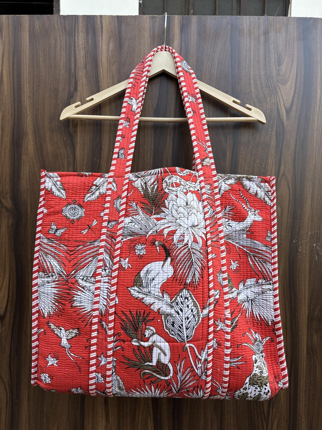 Hand Block Printed Quilted Tote Bag | Red Jungle Bird Print, Large ...