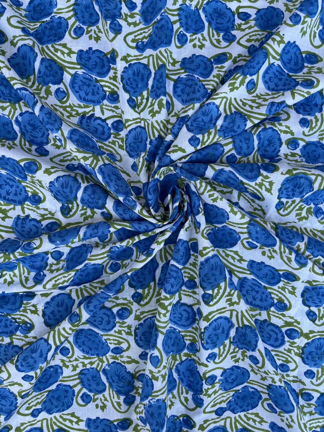 Hand Block Print Cotton Fabric: Serene Floral Design, White & Blue - by ...